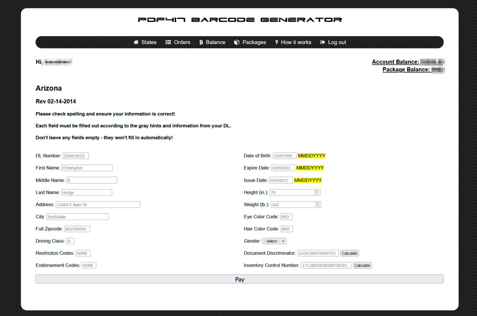 Barcode Arizona ID - PDF417 Online Generator