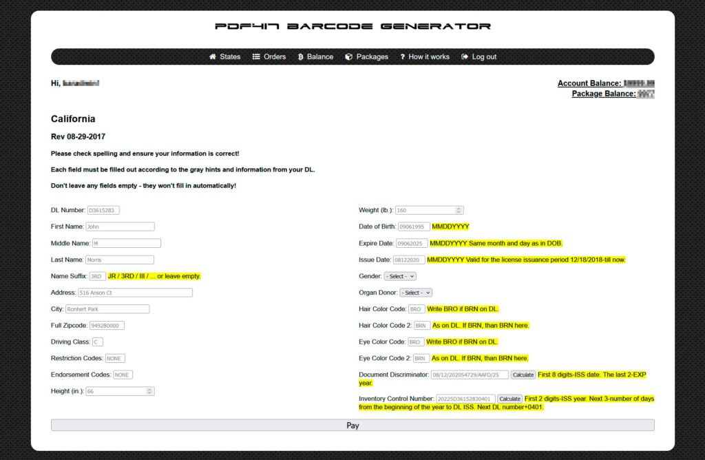 Barcode California ID - PDF417 Online Generator