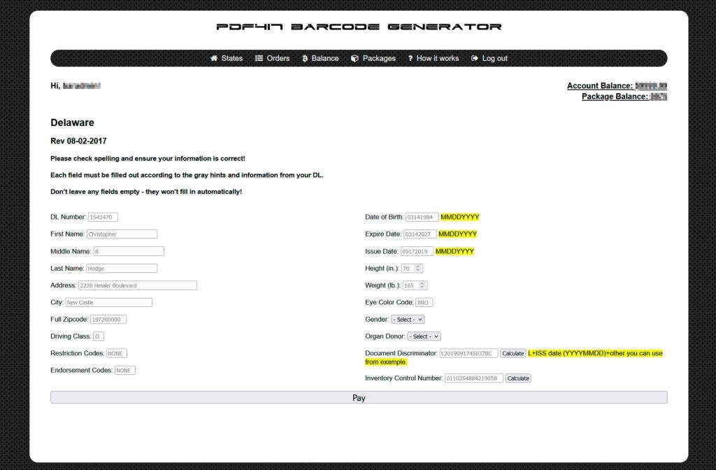 Barcode Delaware ID - PDF417 Online Generator