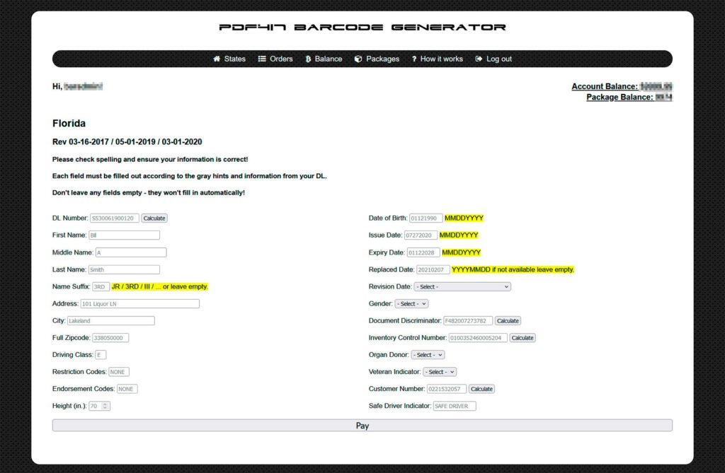 Barcode Florida ID - PDF417 Online Generator