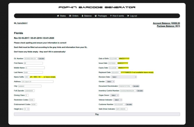 Barcode Florida ID - PDF417 Online Generator