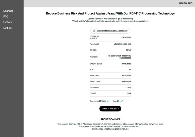 Barcode Connecticut ID - PDF417 Online Generator